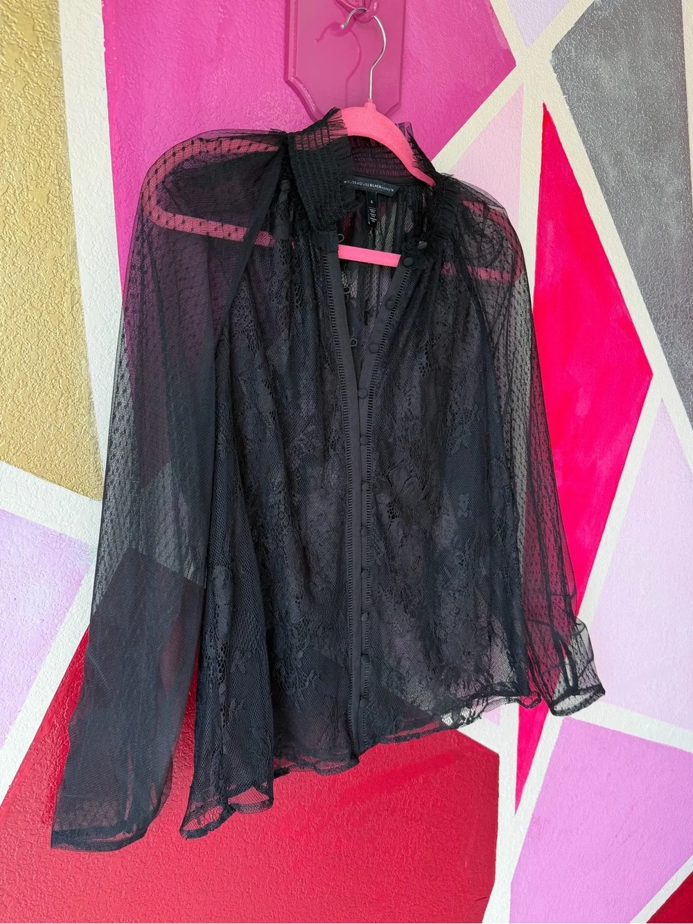 White House Black Market | Tops | Whbm Black Lace Mesh Ruffle Collar ...
